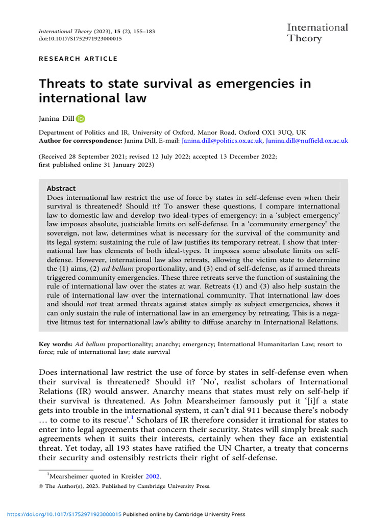 Threats To State Survival As Emergencies in International Law | PDF ...
