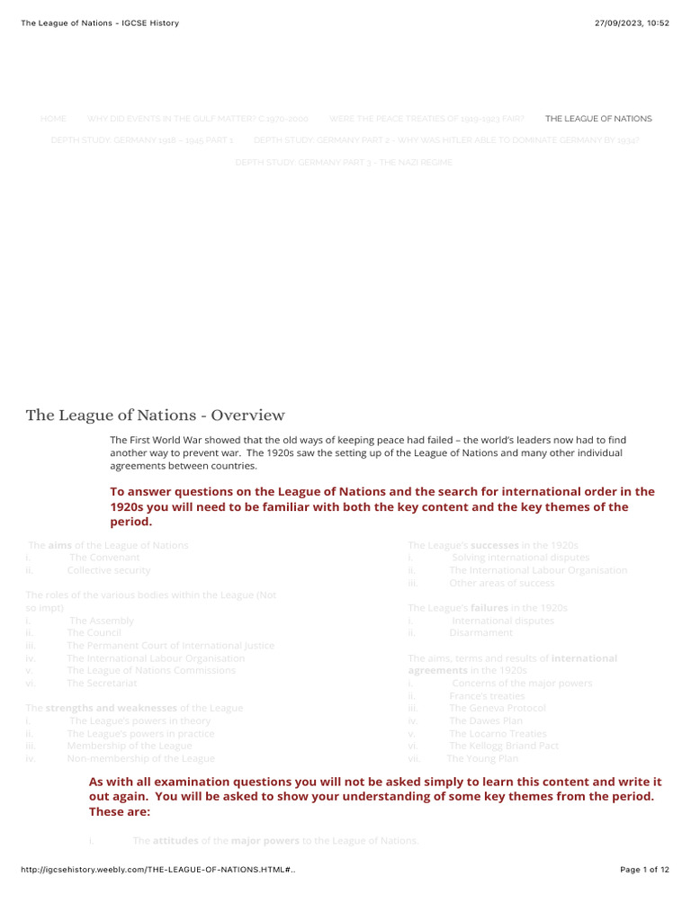The League of Nations - IGCSE History | PDF