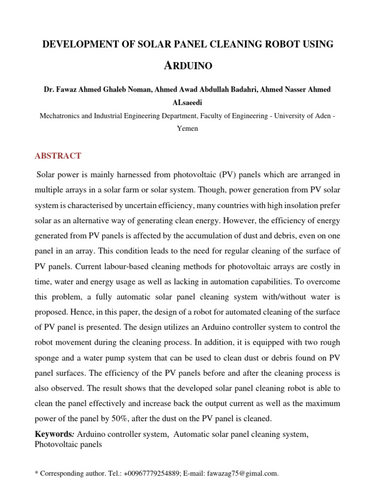 (Abstract) DEVELOPMENT OF SOLAR PANEL CLEANING ROBOT USING ARDUINO ...