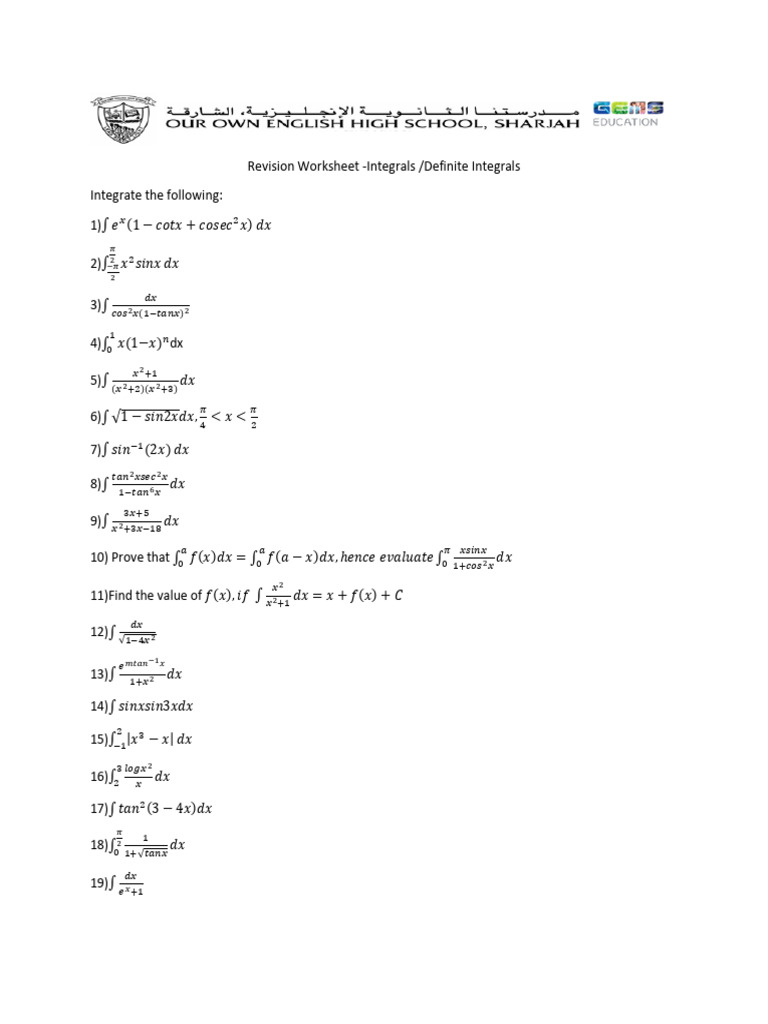 Revision Worksheet-Integrals-Definite and Indefinite | PDF