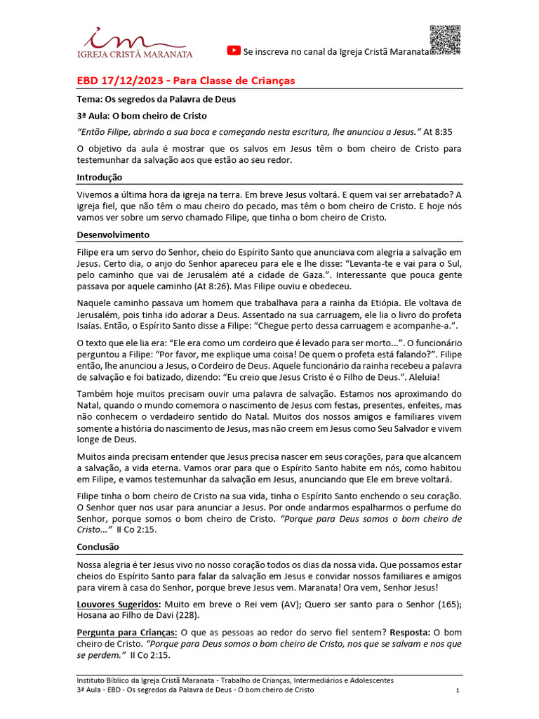 3a Aula - EBD - CIA - Os Segredos Da Palavra de Deus - O Bom Cheiro de ...