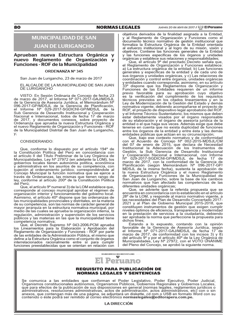 Rof - 2017-Inicial - Ordenanza Que Aprueba Rof y Estructura Organica | PDF | Negocios | Derecho