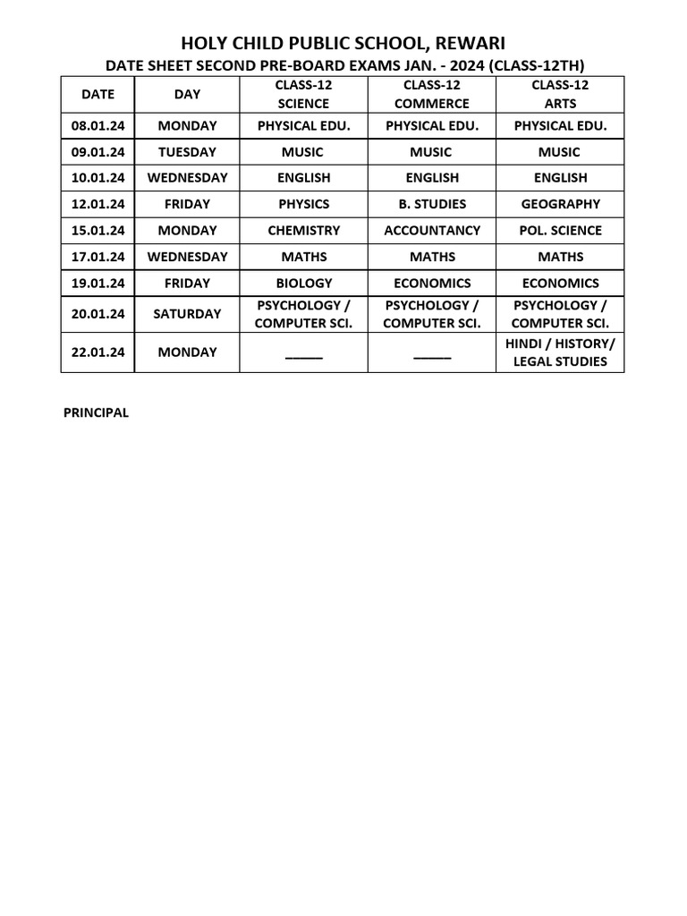 Date Sheet 2ND Pre Board Jan | PDF