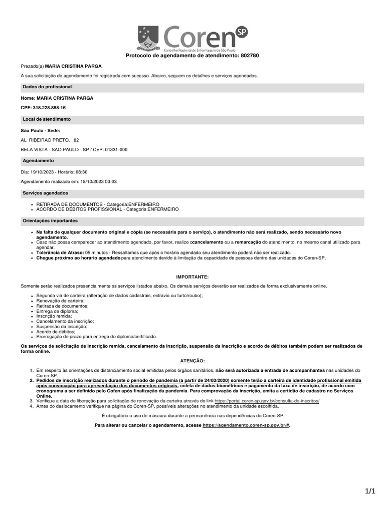 Protocolo Corensp Agendamento | PDF