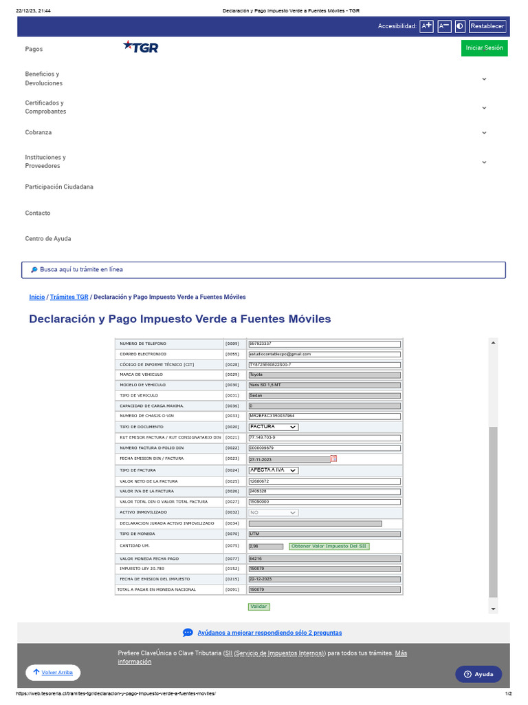 Declaración y Pago Impuesto Verde A Fuentes Móviles - TGR | PDF