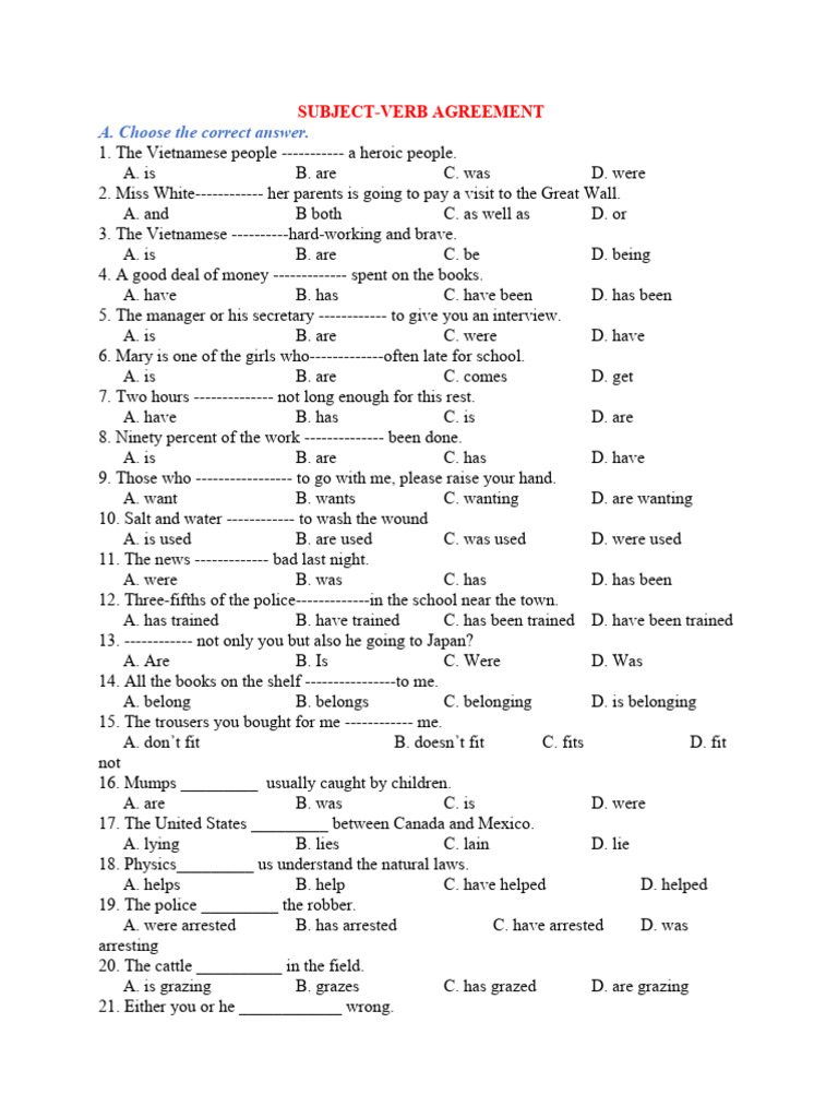 A. Choose The Correct Answer.: Subject-Verb Agreement | PDF
