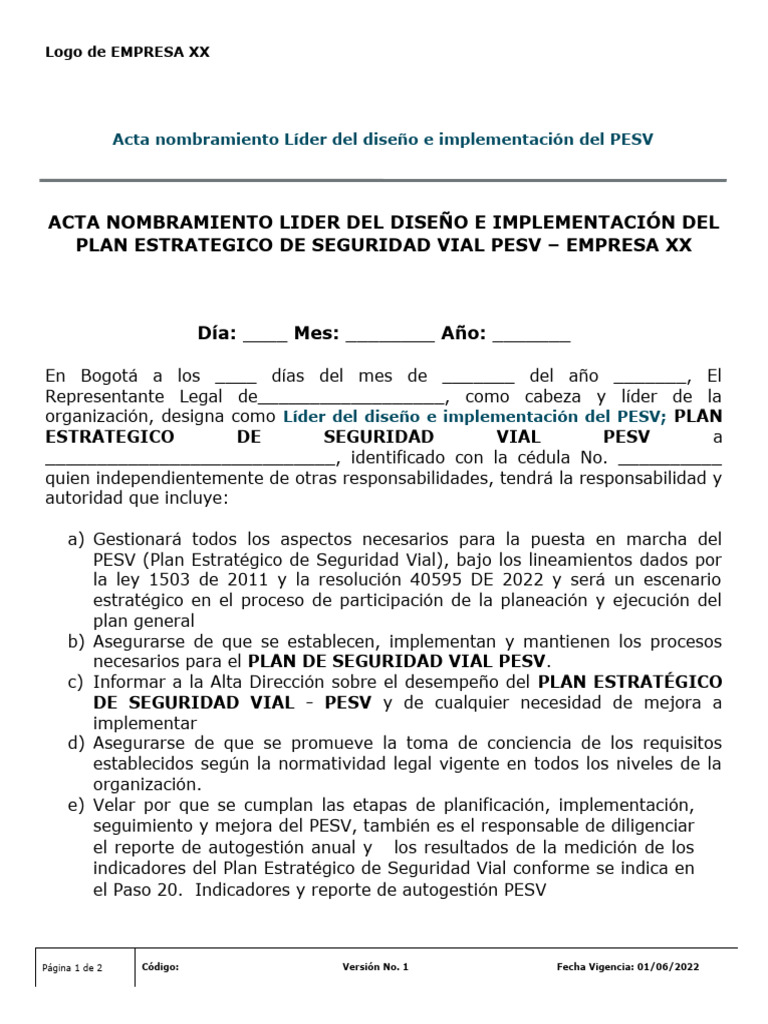 Nombramiento Líder PESV Empresa XX | PDF | Planificación estratégica | Planificación