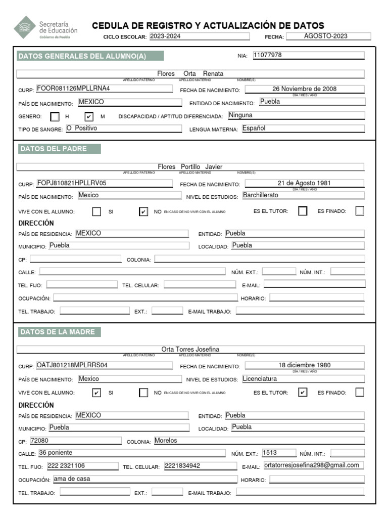 Cedula Registro Actualizacion Datos Alumno | PDF