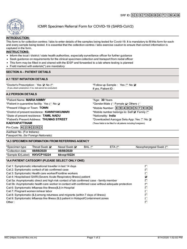 Icmr Specimen Referral Form For Covid-19 (Sars-Cov2) : (If Yes, Attach ...