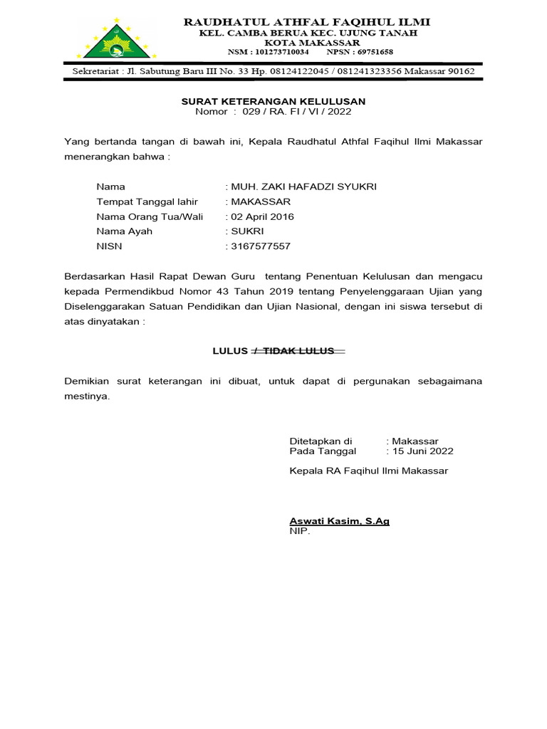 Surat Keterangan Lulus TK | PDF