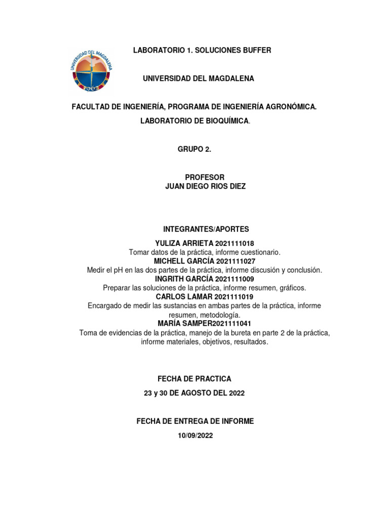 LABORATORIO 1 Bioquimica | PDF | Solución tampón | Ph
