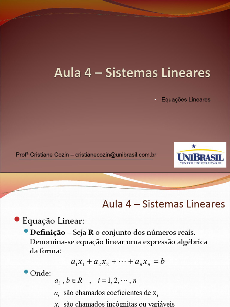 Aula4 - Sistemas Lineares | PDF | Sistema de equações lineares | Equações