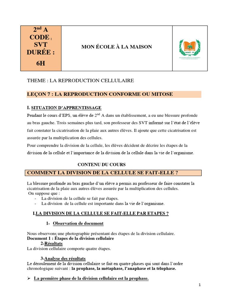 SVT 2nd A - L9 - La Reproduction Conforme de La Cellule | PDF