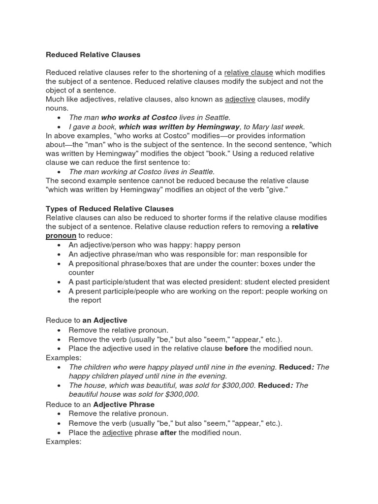 Reduced Relative Clauses | PDF | Verb | Adjective