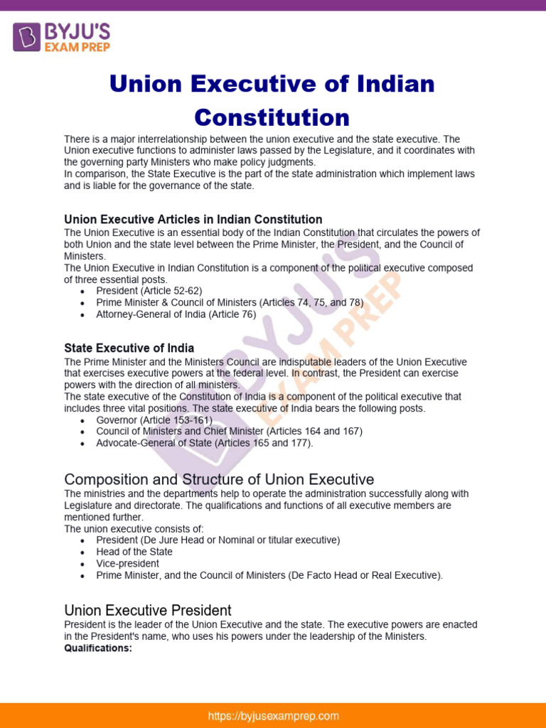 Composition of India's Union Executive | PDF | Social Science | Law