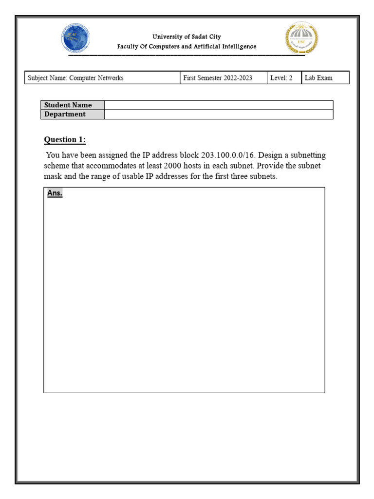 Student Name Department: Subject Name: Computer Networks First Semester 2022-2023 Level: 2 Lab ...