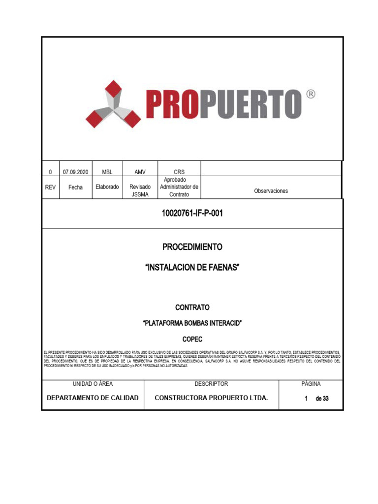 Procedimiento Instalacion de Faena | PDF