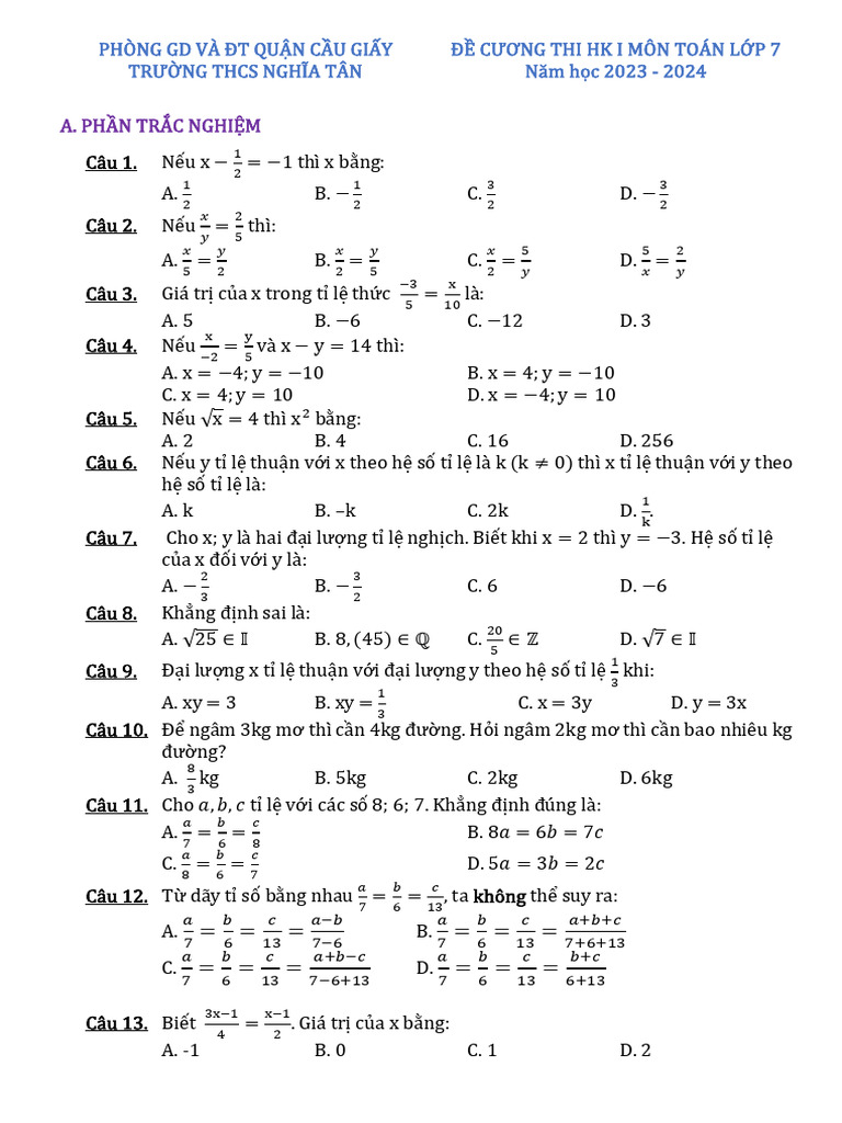 De Cuong Cuoi Hoc Ki 1 Toan 7 Nam 2023 2024 Truong Thcs Nghia Tan Ha ...