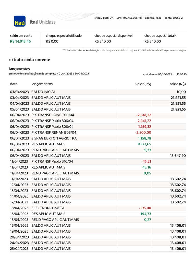 Extrato Itaú 06-10-2023 | PDF | Cheque (banco) | Juros