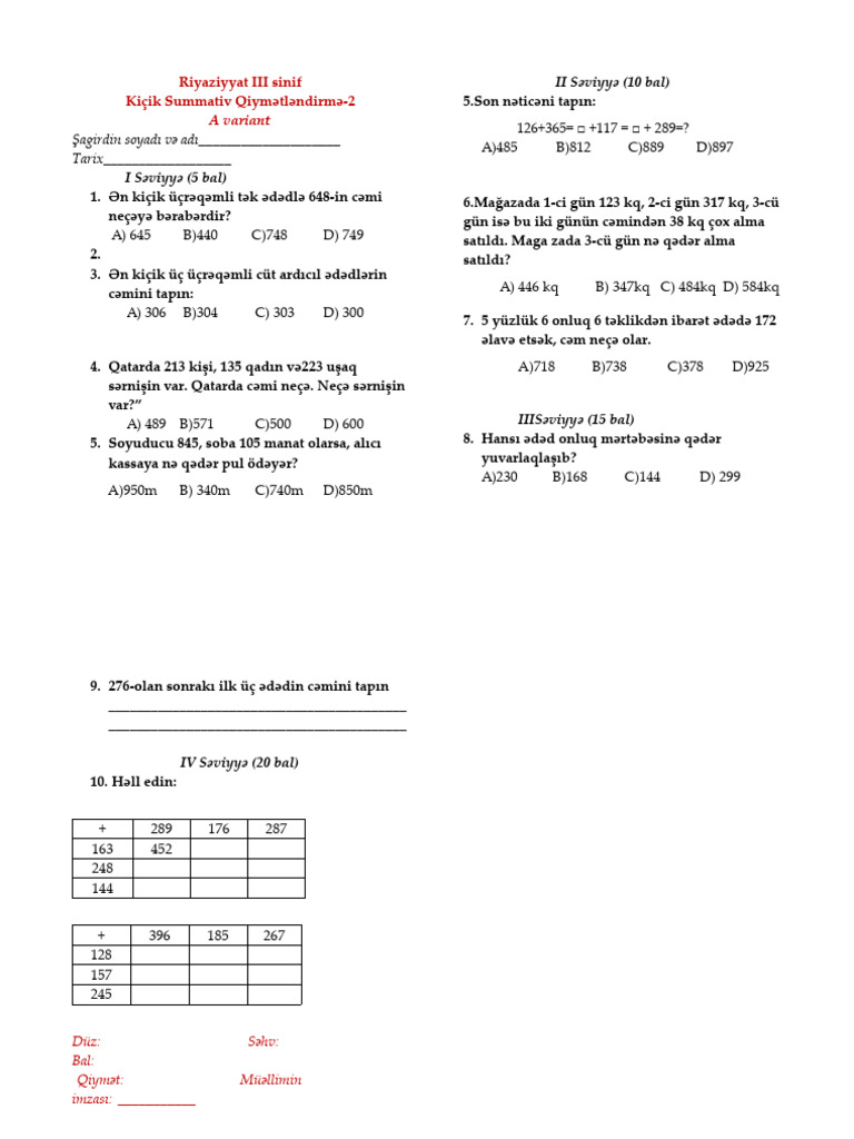 3ci Sinif Riyaziyyat - KSQ 2 A | PDF