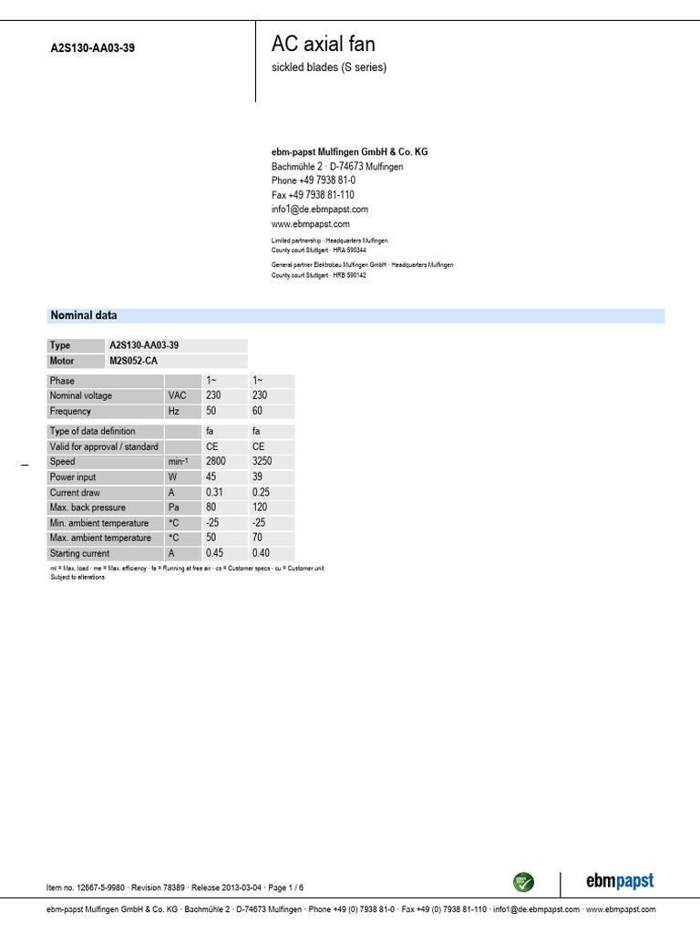 EBM Papst A2S130 AA03 39 Datasheet | PDF | Electric Motor | Alternating Current