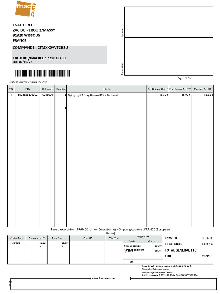 Facture Fnac - Dying Light 2 PS5 | PDF | Taxe sur la valeur ajoutée ...