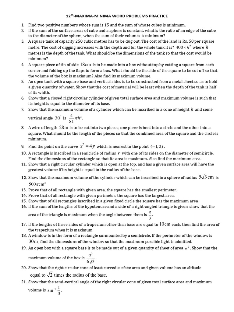 12th-Maxima-Minima Word Problems Practice Ws | PDF | Area | Sphere