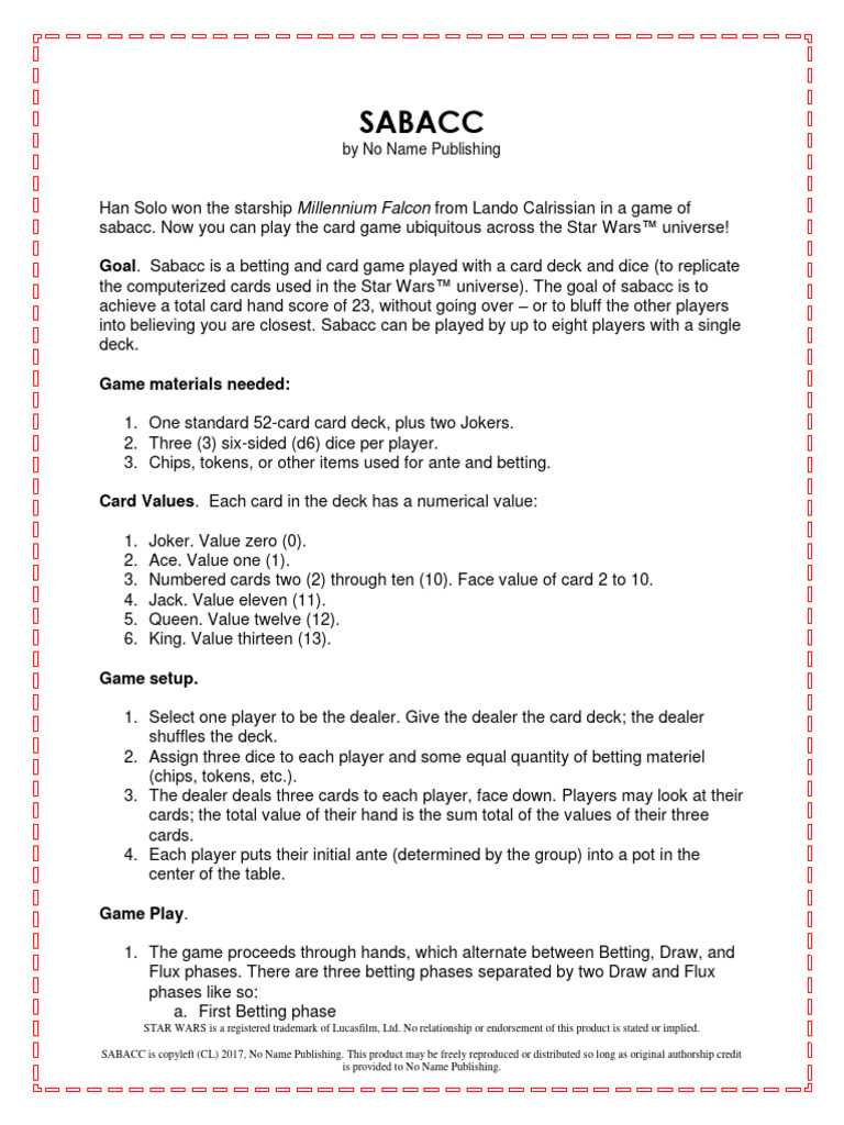 Sabacc Regras de Sabacc 120685 | PDF | Betting In Poker | Games Of ...