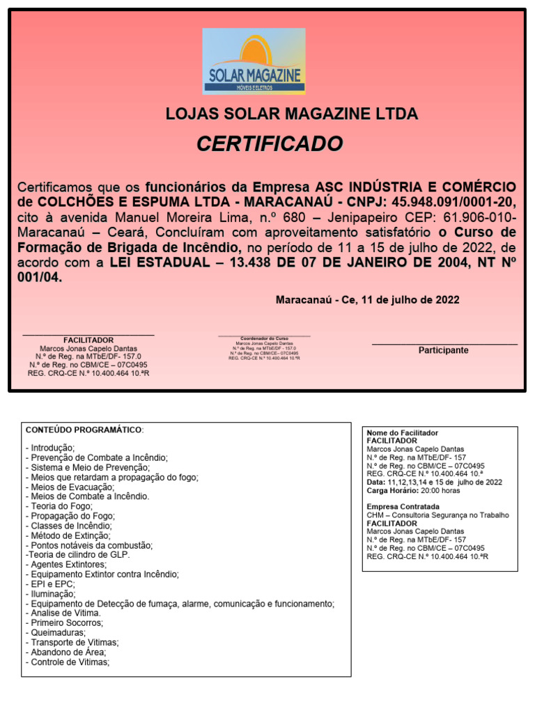 Certificado de Brigada de Incêndio ASC | PDF | Perigos