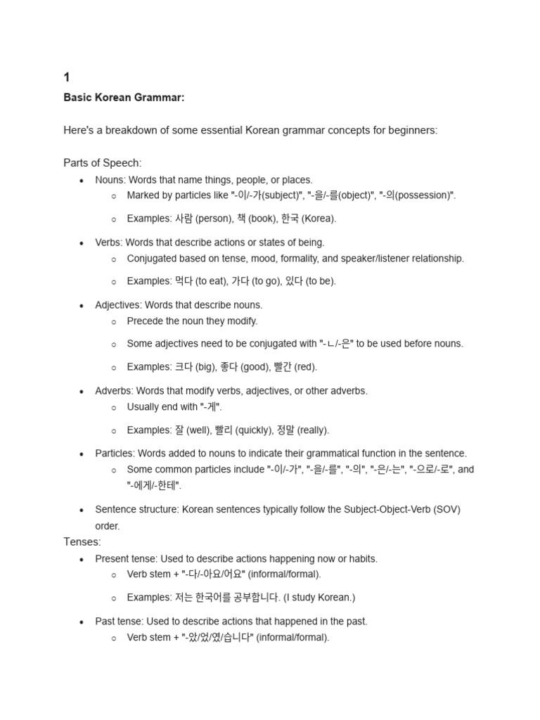 Basic Korean Grammar | PDF | Verb | Grammatical Tense