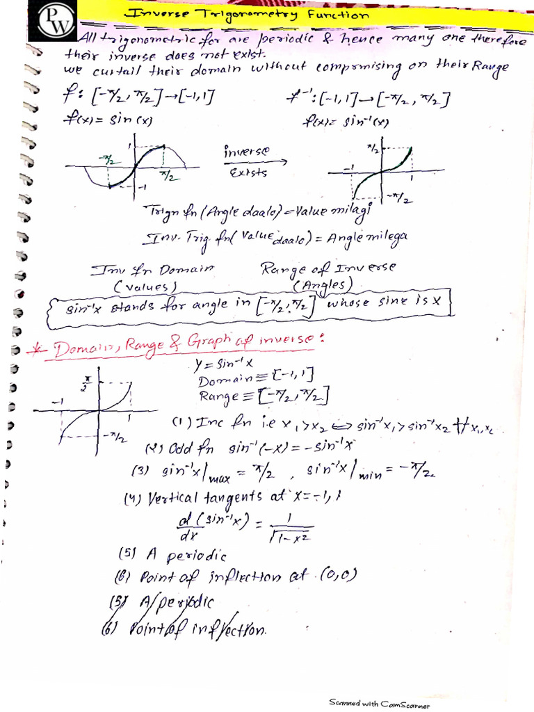 Inverse Trigonometric Functions: Handwritten Notes - Lakshya JEE 2024 | PDF