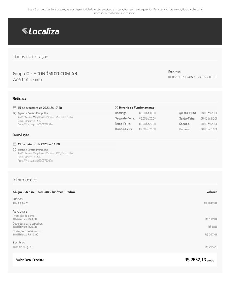 Cotação de Veiculo | PDF