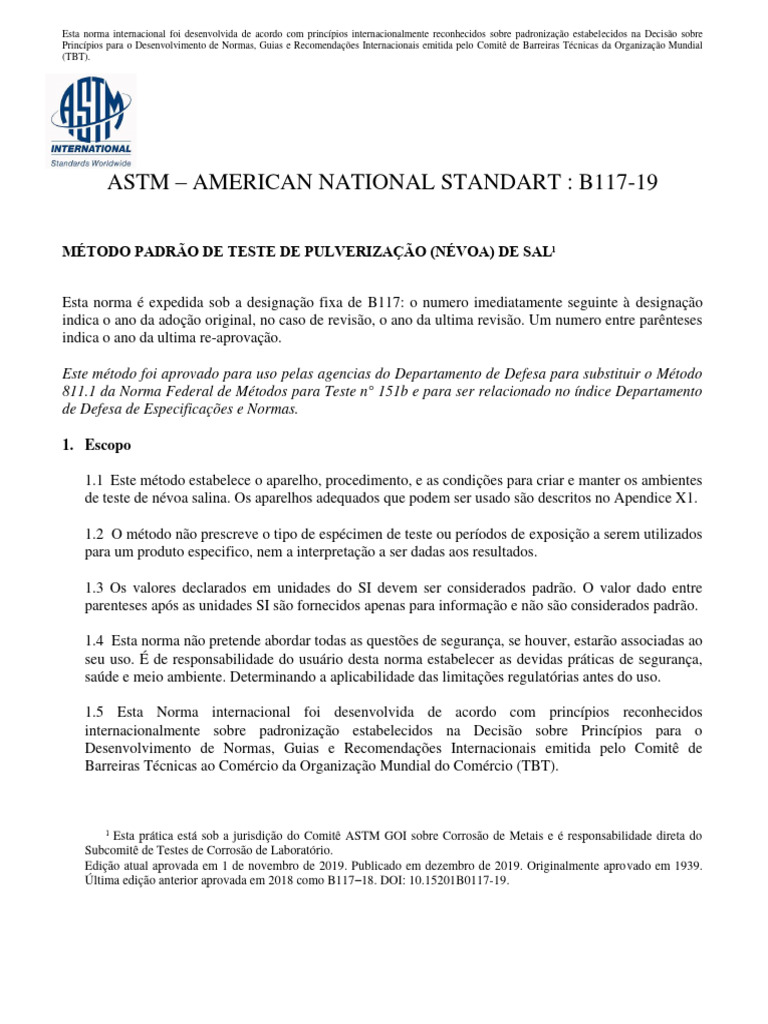 Norma ASTM B117-19: Teste de Névoa Salina | PDF | Ph | Corrosão