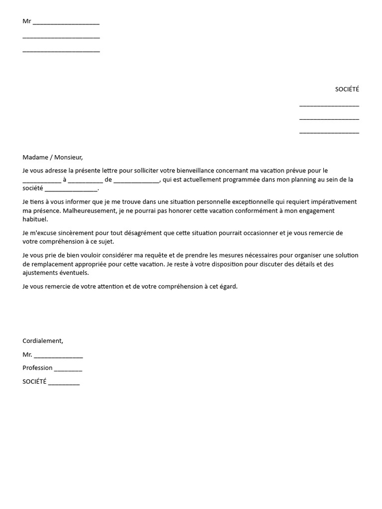 Lettre Sollicitation Absence Programmée Dans Le Planning | PDF