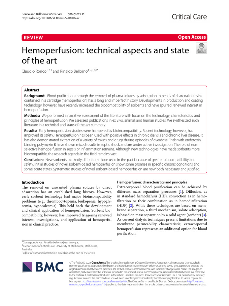 Hemoperfusión Estado Del Arte | PDF