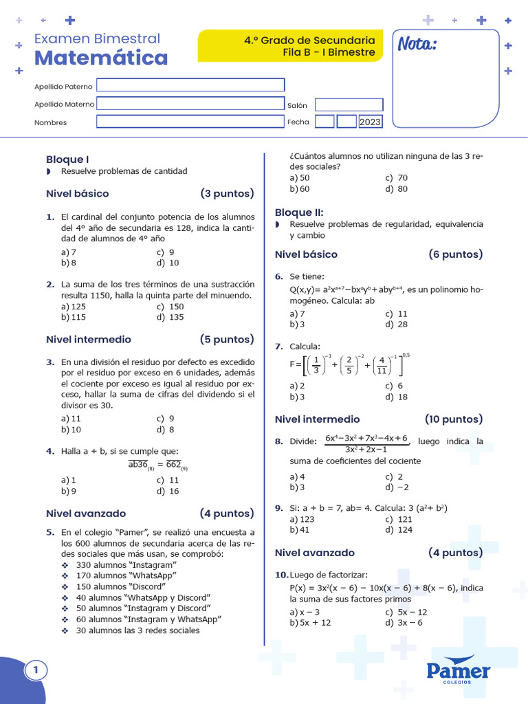 Ex. Bimestral - FILA B - S4 - MAT - I BIM (Virtual) | PDF | Álgebra ...