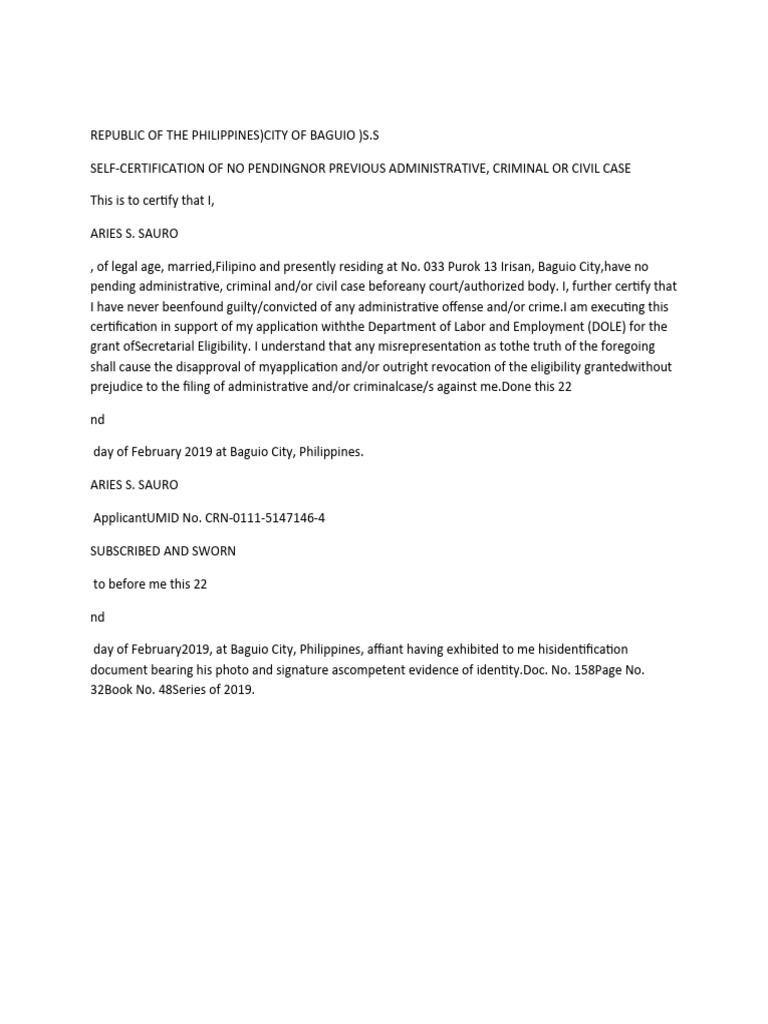 Self-Certification of No Pending Cases | PDF