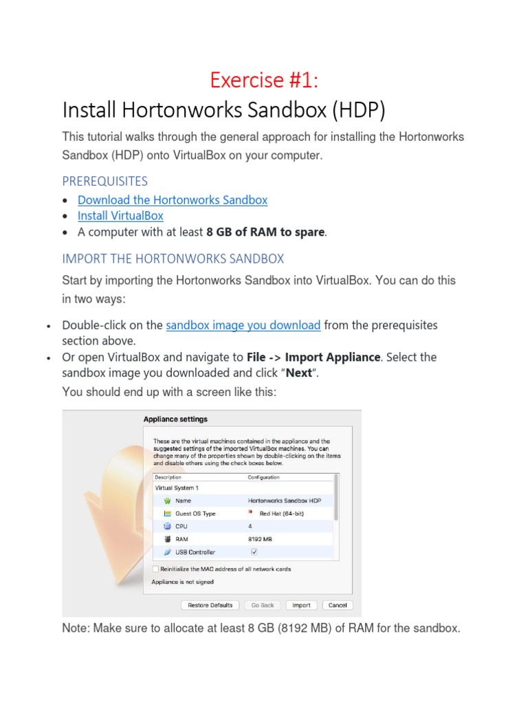 Day 1 Ex 1 - Install Hortonworks Sandbox | PDF | Computers