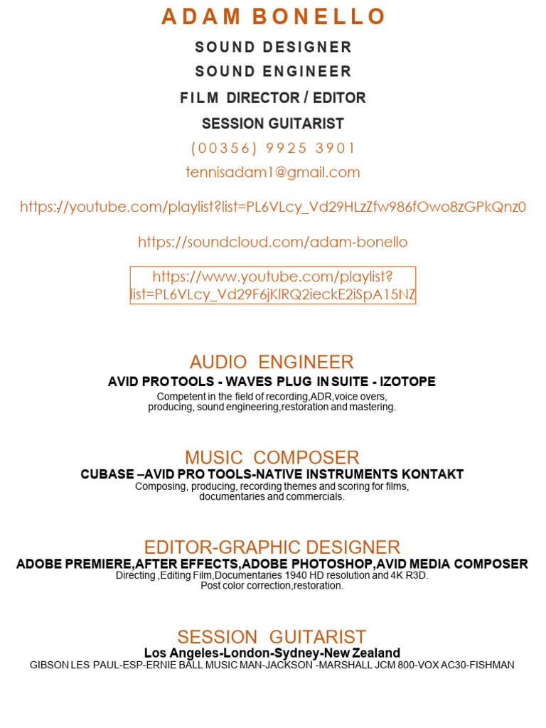 Alan Intoff CV 2024 | PDF | Sound Recording And Reproduction | Audio Engineer