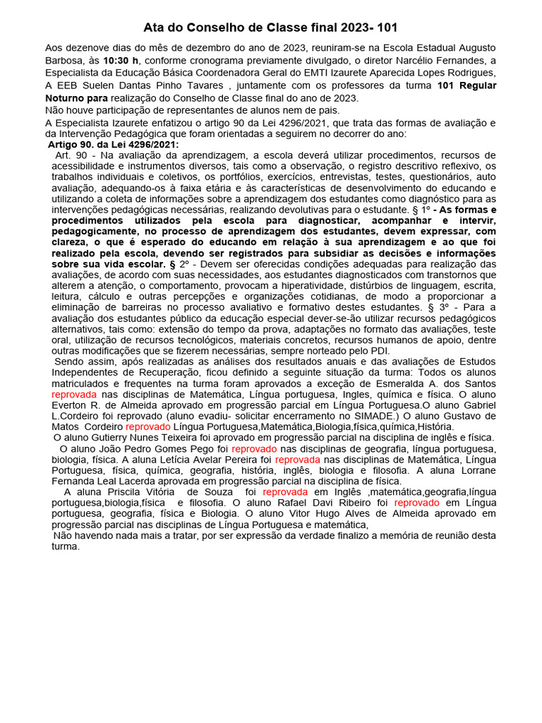 101 Noturno Ata Conselho de Classe Final | PDF