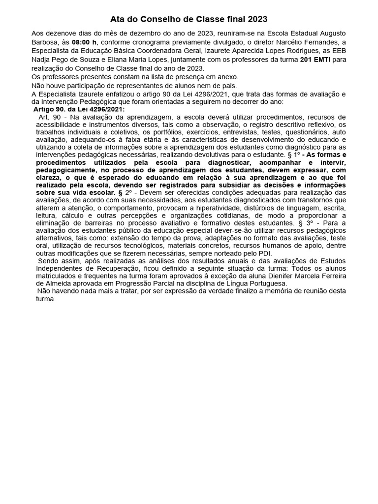 201 Propedeutico Ata Conselho de Classe Final | PDF | Pedagogia | Aprendizado