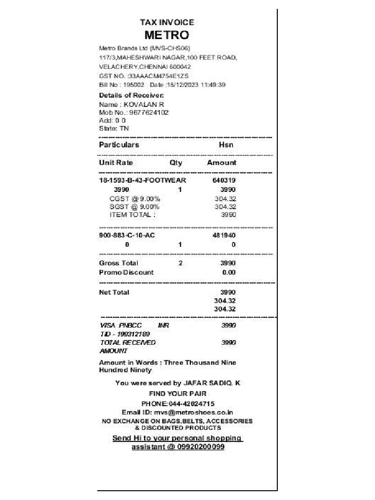 Metro Shoe Bill | PDF