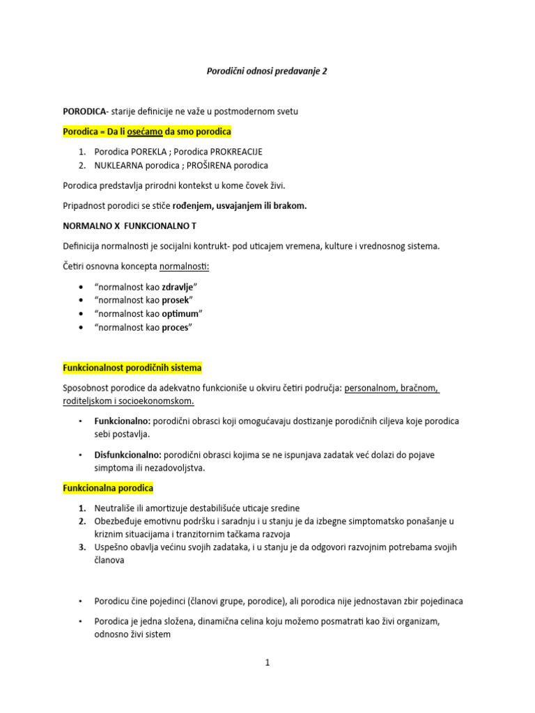 Porodični Odnosi Predavanje 2 | PDF