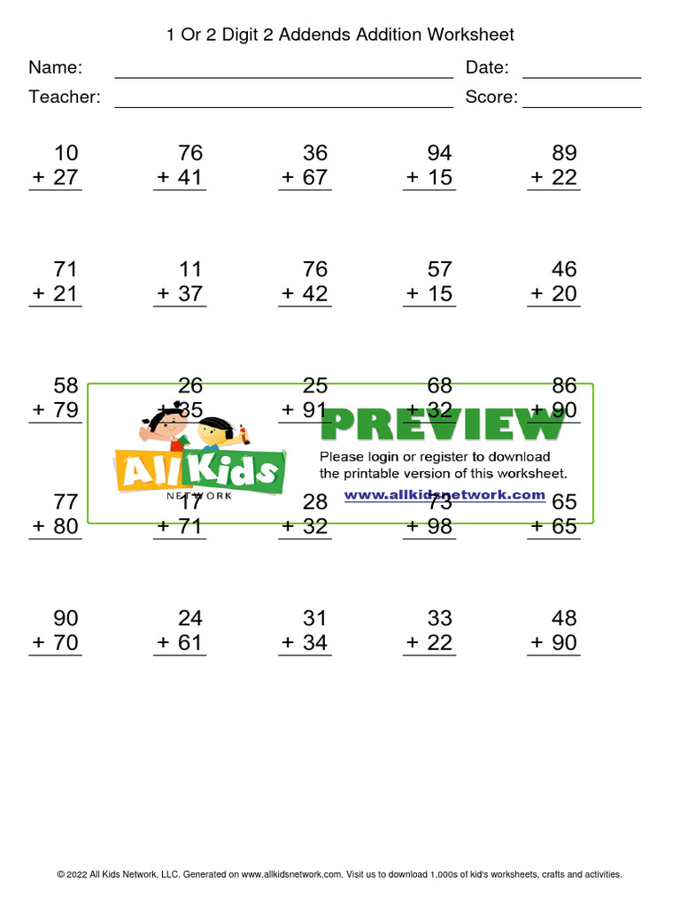 1 or 2 Digit 2 Addends Addition Worksheet | PDF