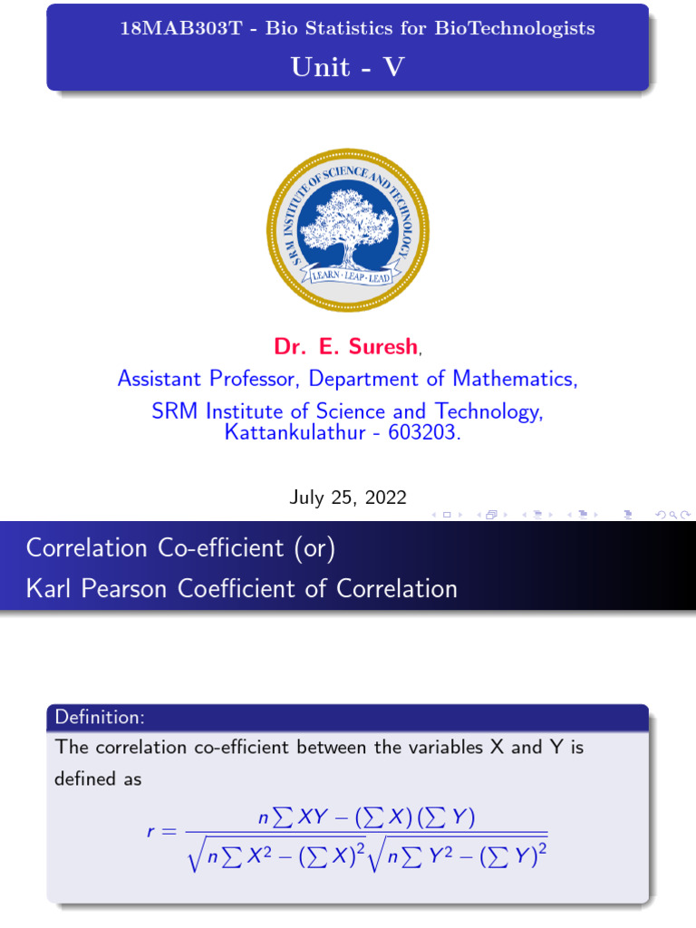 UNIT V Karl Pearson Correlation Coefficient | PDF | Probability ...