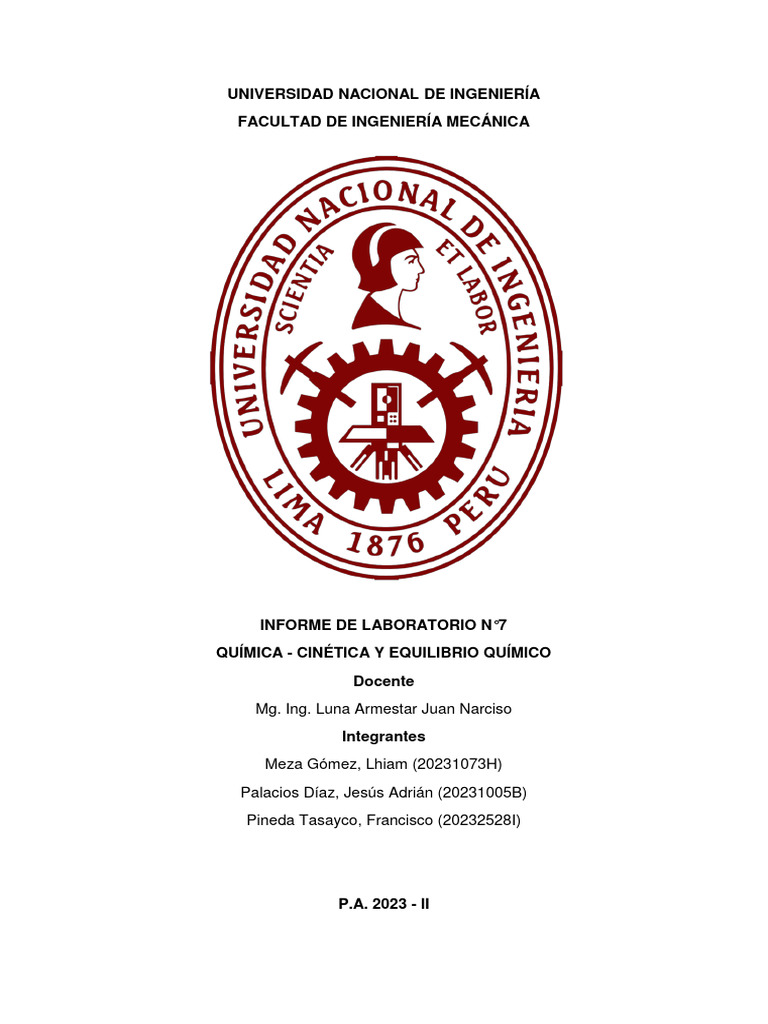 INFORME Laboratorio N7 Seccion G | PDF | Velocidad de reacción | Cinética química