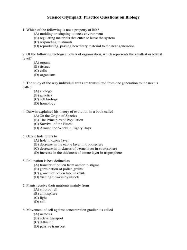 Biology Quiz for Science Olympiad | PDF | Cell (Biology) | Plant Hormone