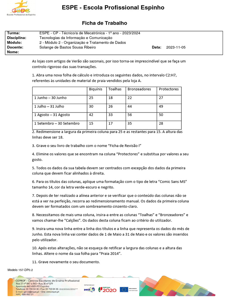 Ficha de Trabalho (Excel 3 Formatações) | PDF