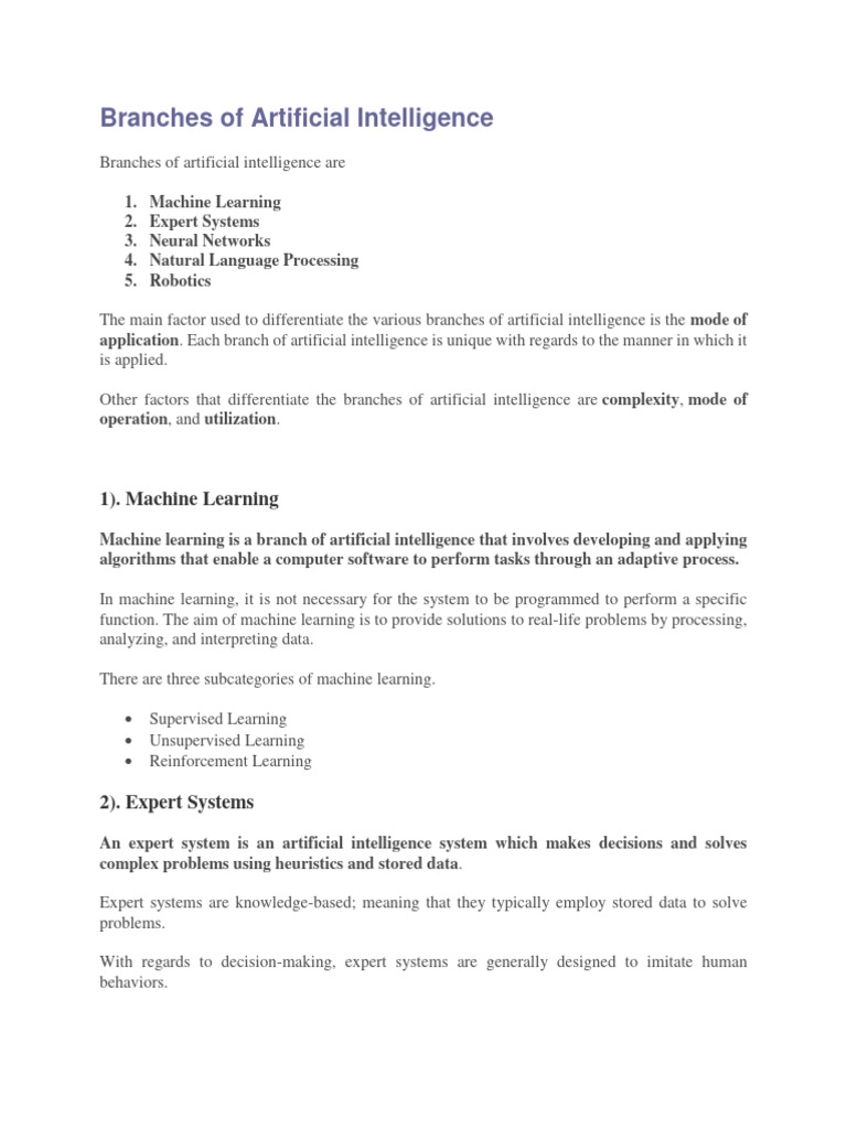 Major Branches of Artificial Intelligence | PDF