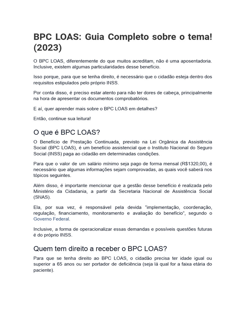BPC LOAS - Guia Completo Sobre o Tema! (2023) | PDF